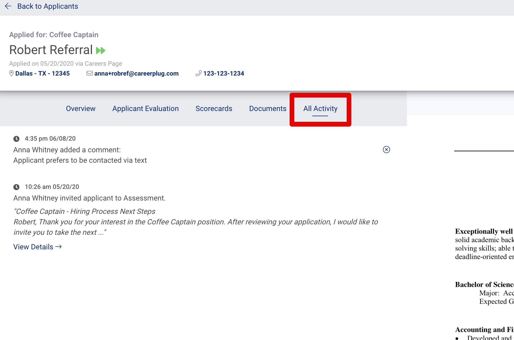 Adding comments on an applicant